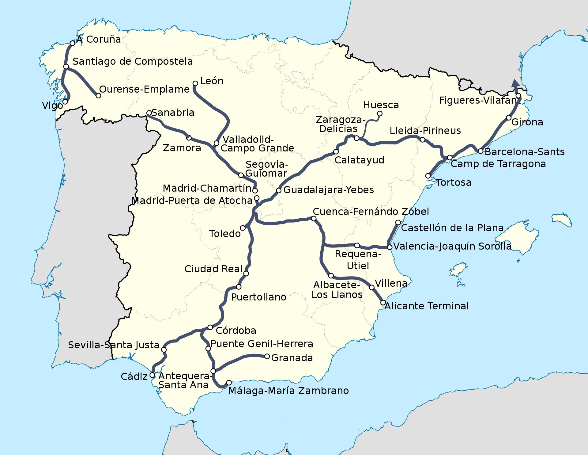 España de tren ave mapa - trenes Ave de España mapa de la ruta (en el ...